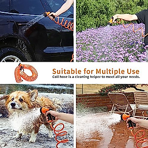 Besiter Coil Hose 25ft,EVA Recoil Garden Hose Brass Connector,Coiled Water Hose Lightweight and No Kink Includes 10 Patterns Spray Nozzle for Outdoors Lawn Watering,Car Washing Orange