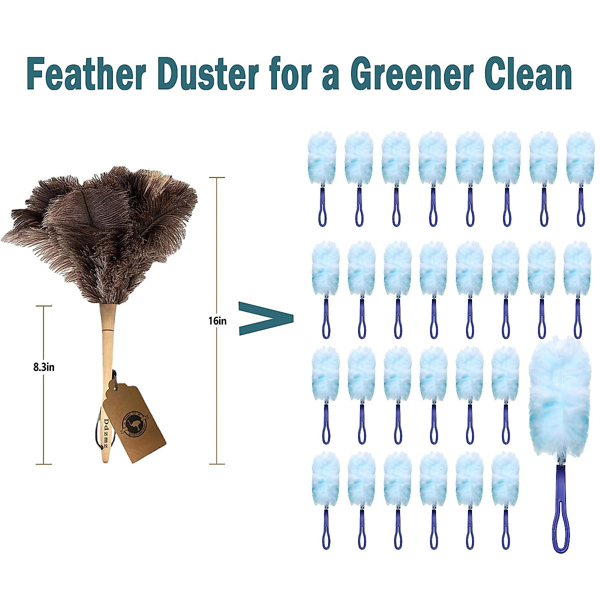 Genuine Ostrich Feather Duster Fluffy Natural with Wooden Handle and Eco-Friendly Reusable Handheld Cleaning Supplies, Gray and Brown(Length 16")