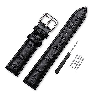 Narako Alligator Style Genuine Leather Watch Bands Genuine Calf Leather Replacement Watch Strap with Stainless Metal Buckle Clasp 12mm 14mm 16mm 18mm 20mm 22mm 24mm for Men and Women (12mm, Black)