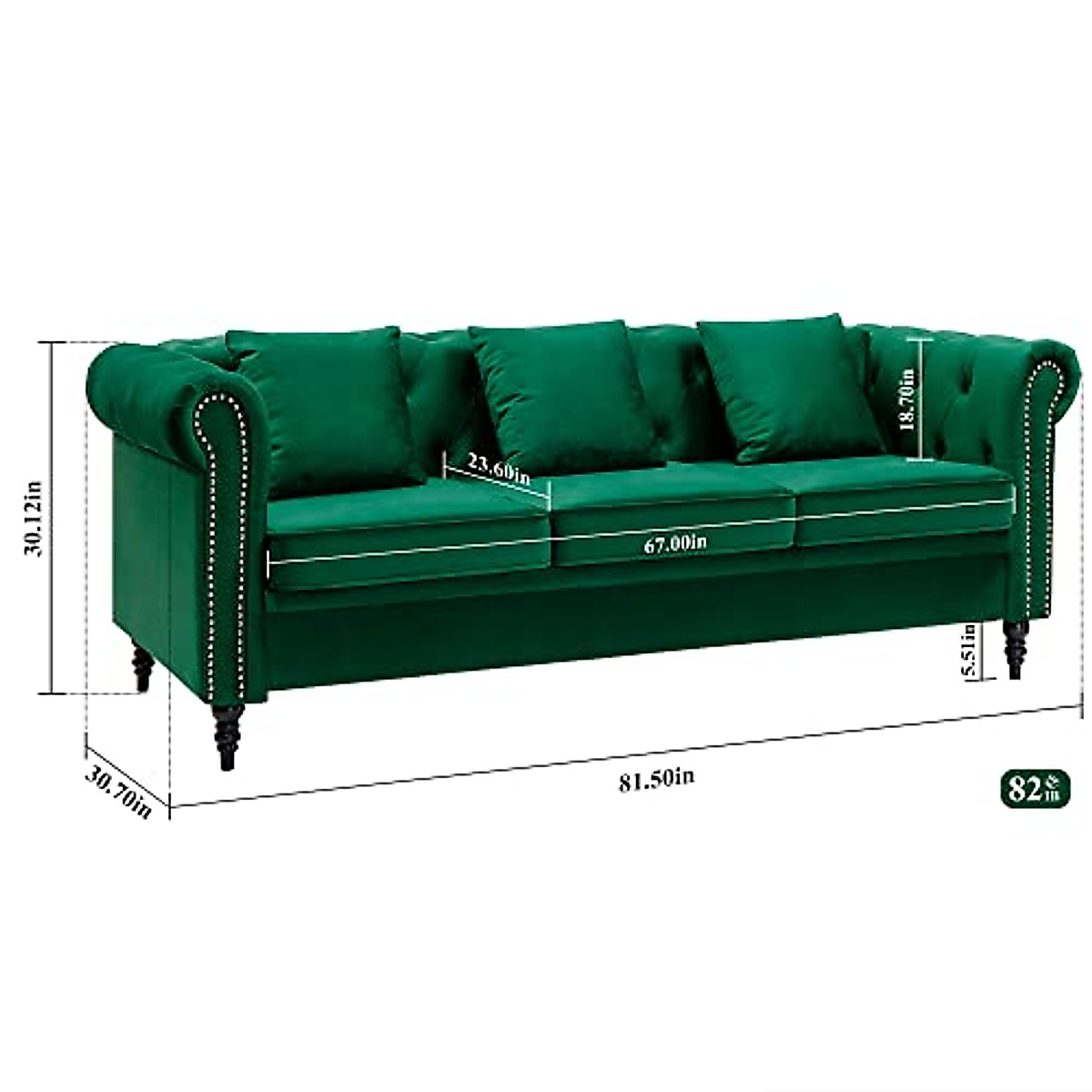 kinmars Chesterfield Sofa Velvet,3 Seater Couch Furniture,Couches for Living Room with Deep Button Tufting,Large Sofa with Rolled Arms (Green)