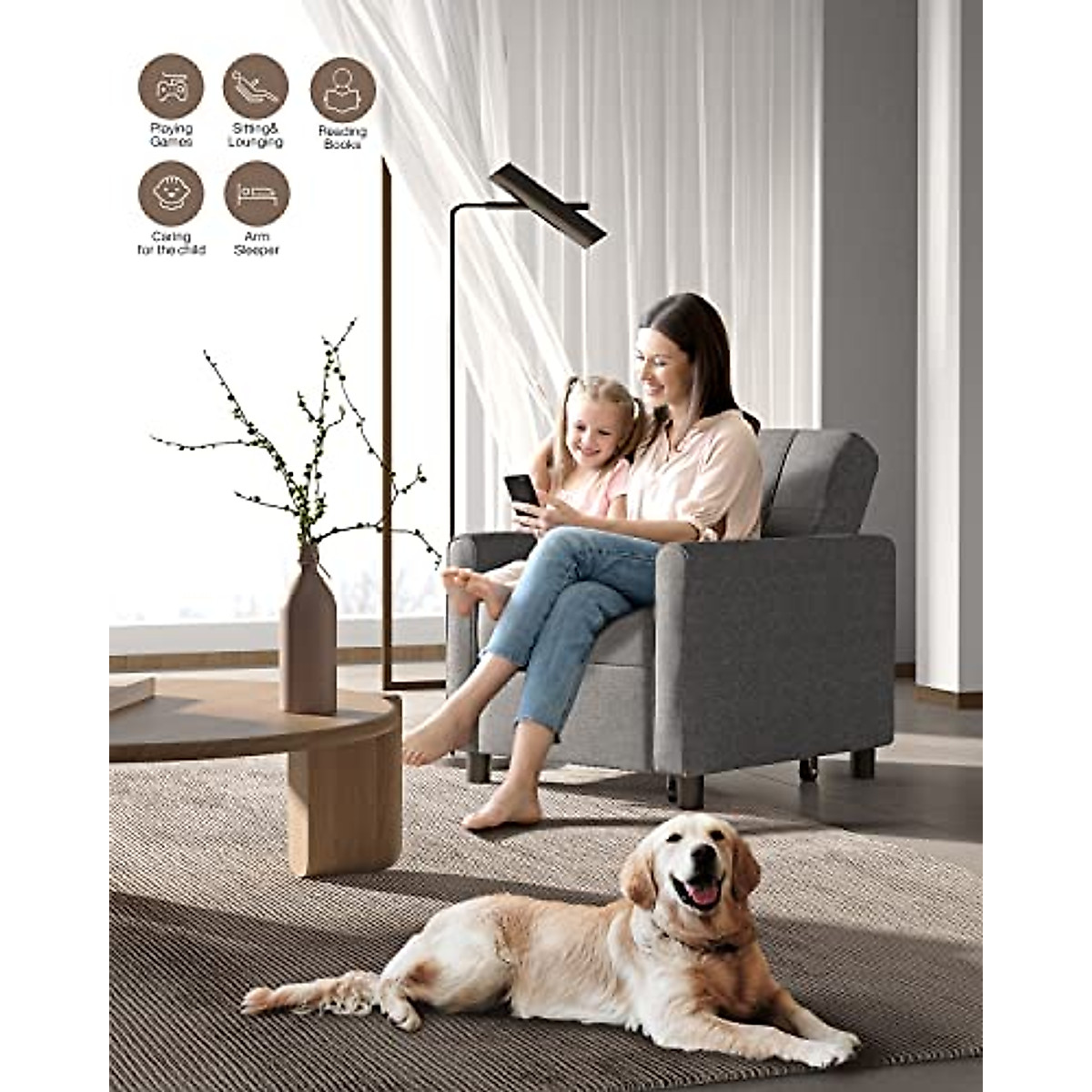 Sleeper Chair Bed, 3-in-1 Convertible Chair Bed, Adjustable Recliner Sofa Bed with Pillow, Multi-Functional Folding Sleeper Chair Bed, Single Bed Chair with Modern Linen Fabric for Apartment, Gray