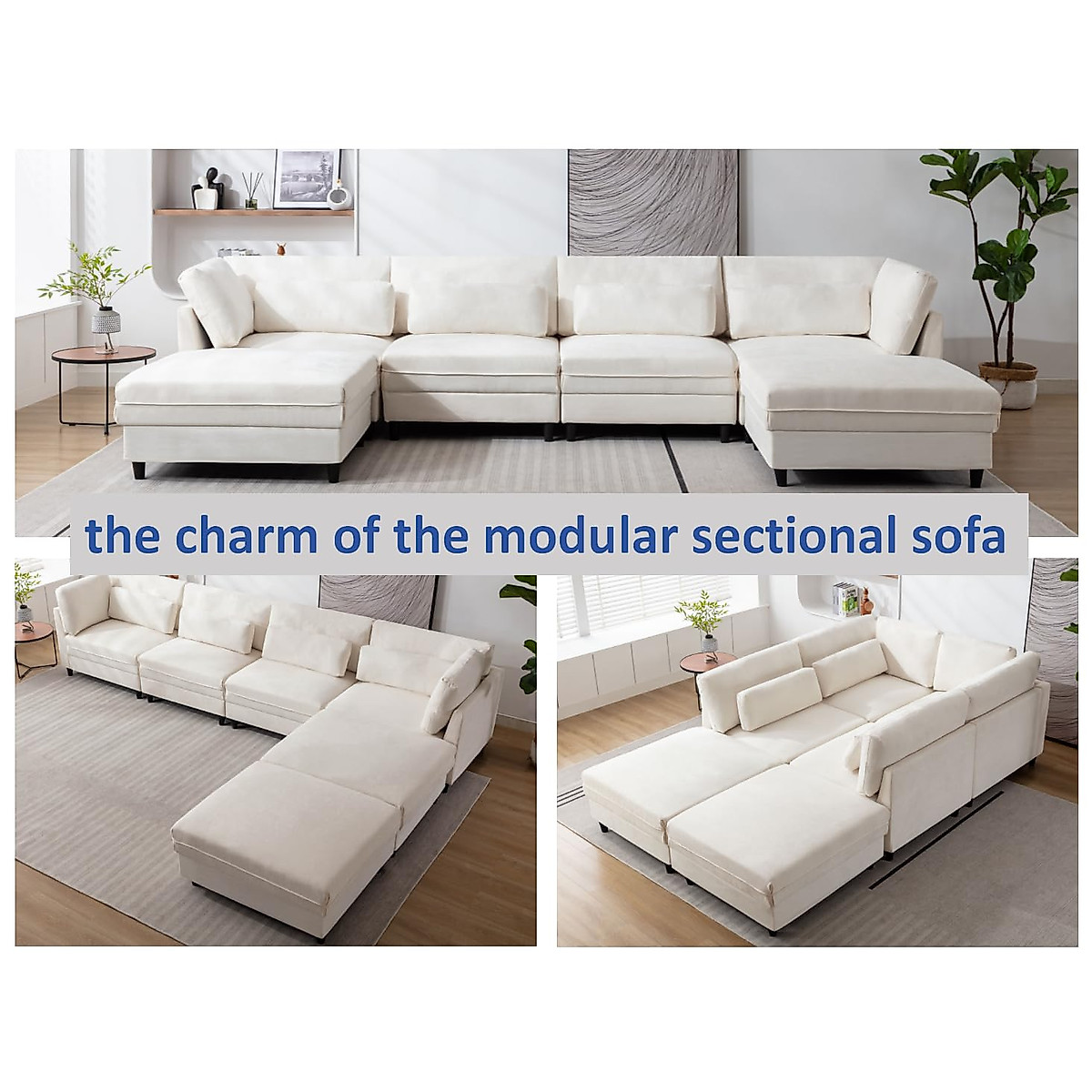145'' Oversized Modular Sectional Sofa - Modern Extra Large U Shaped Couch with Ottamans, Large 6 Seater Modular Sofa with Reversible Chaise for Living Room, Office, Spacious Space (Beige)