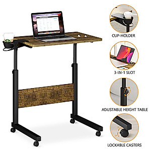 Klvied Mobile Standing Desk, Rolling Desk with Cup Holder, Portable Laptop CouchTable, Small Computer Desk, Bedside Table, Mobile Laptop Stand, Work Desk for Home Office, Walnut
