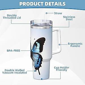 HULIBIN Blue Butterfly Print Double Deck Stainless Steel Travel Coffee Cup With Lid 40 Oz Ice Bully Cup