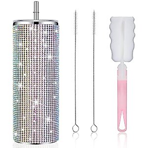 Tessco Bling Cups Rhinestones Tumbler with Straw Glitter Water Bottle Stainless Steel Straw Tumbler Insulated Bling Cup with Lid and Brush for Women (Colorful,20 Oz)