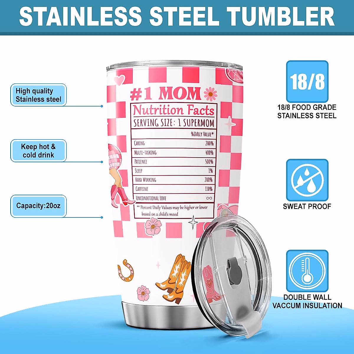 JENOIS Cool Moms Nutrition Facts, Tumbler 20 Oz With Lid And Straw, Mom Simply Checkered Simple Handle Stainless Women Water Funny Mama Day Steel Hot, Cool Moms Club Gifts