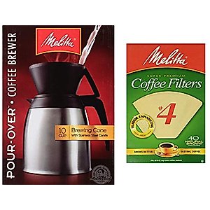 Melitta Thermal Carafe 10-Cup Pour-Over Coffee Brewer with 40 Extra #4 Natural Brown Cone Filters