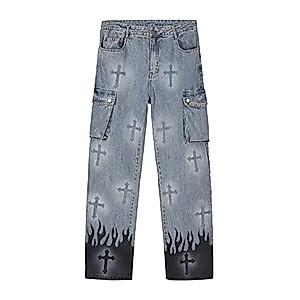 Aelfric Eden Unisex Denim Jeans Flame Cross Vibe Straight Jeans Streetwear Multi Pockets