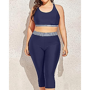 Yonique 3 Piece Plus Size Swimsuits for Women Tankini Tops with Sports Bra and Swim Capris Athletic Bathing Suits Blue and Stripes 20 Plus