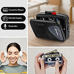 ByronStatics Portable Cassette Players Recorders FM AM Radio Walkman Tape Player Built In Mic External Speakers Manual Record VAS Automatic Stop System 2AA Battery Or USB Power Supply Headphone Black