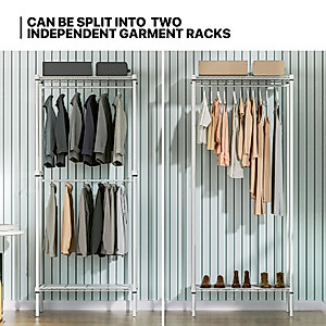 MoNiBloom Heavy Duty Carbon Steel Garment Rack, 66 Inch Expandable, with Shelves, for Hanging Clothes, Load 1000lbs, White