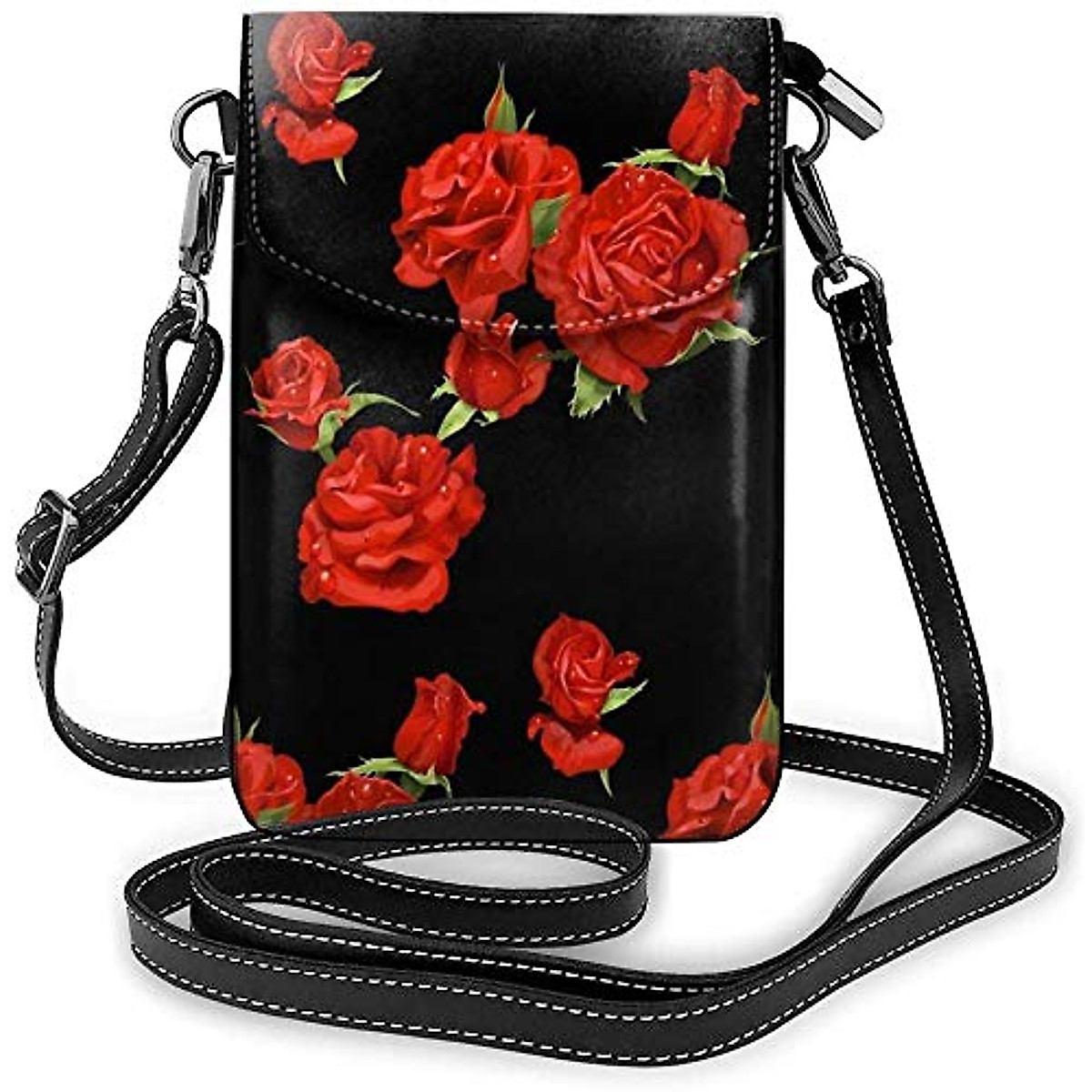 Red Rose Flower Black Women Soft PU Leather Cellphone Purse Wallet Handbag Small Crossbody Shoulder Bag