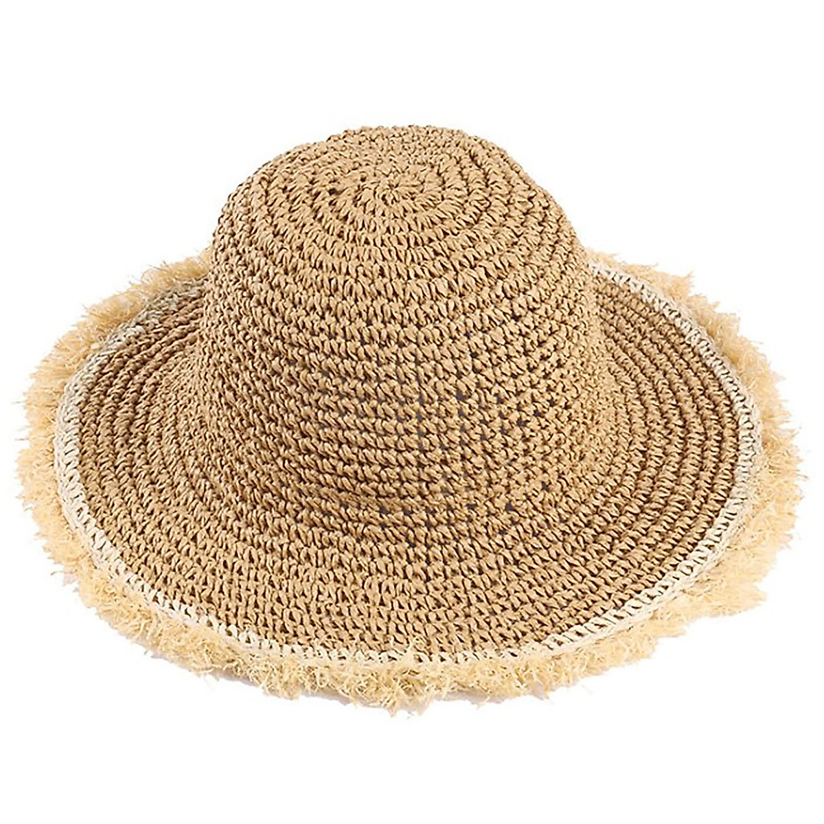 Floppy Straw Sun Hat for Womens Foldable Packable Wide Brim Summer Beach Hat Crochet Frayed Bucket Hat (M, Khaki)