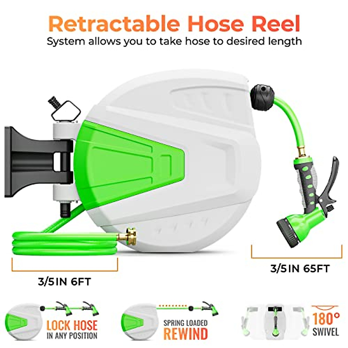 BIGTUR Retractable Garden Hose Reel, 3/5''x 65' Wall Mounted Retractable Garden Hose-Reel with Automatic Rewind/Slow Return System/180°Swivel Bracket
