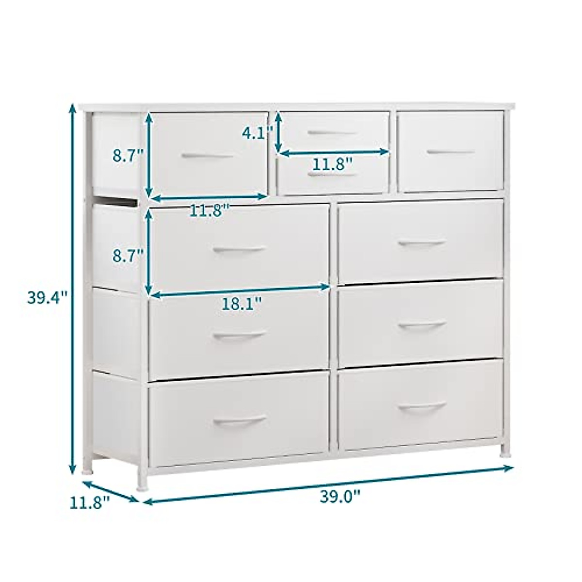 LUMTOK 10-Drawer Dresser, Fabric Storage Dressers Drawers for Bedroom, Hallway, Nursery, Closets, Steel Frame, Wood Top, Easy Pull Handle (White)