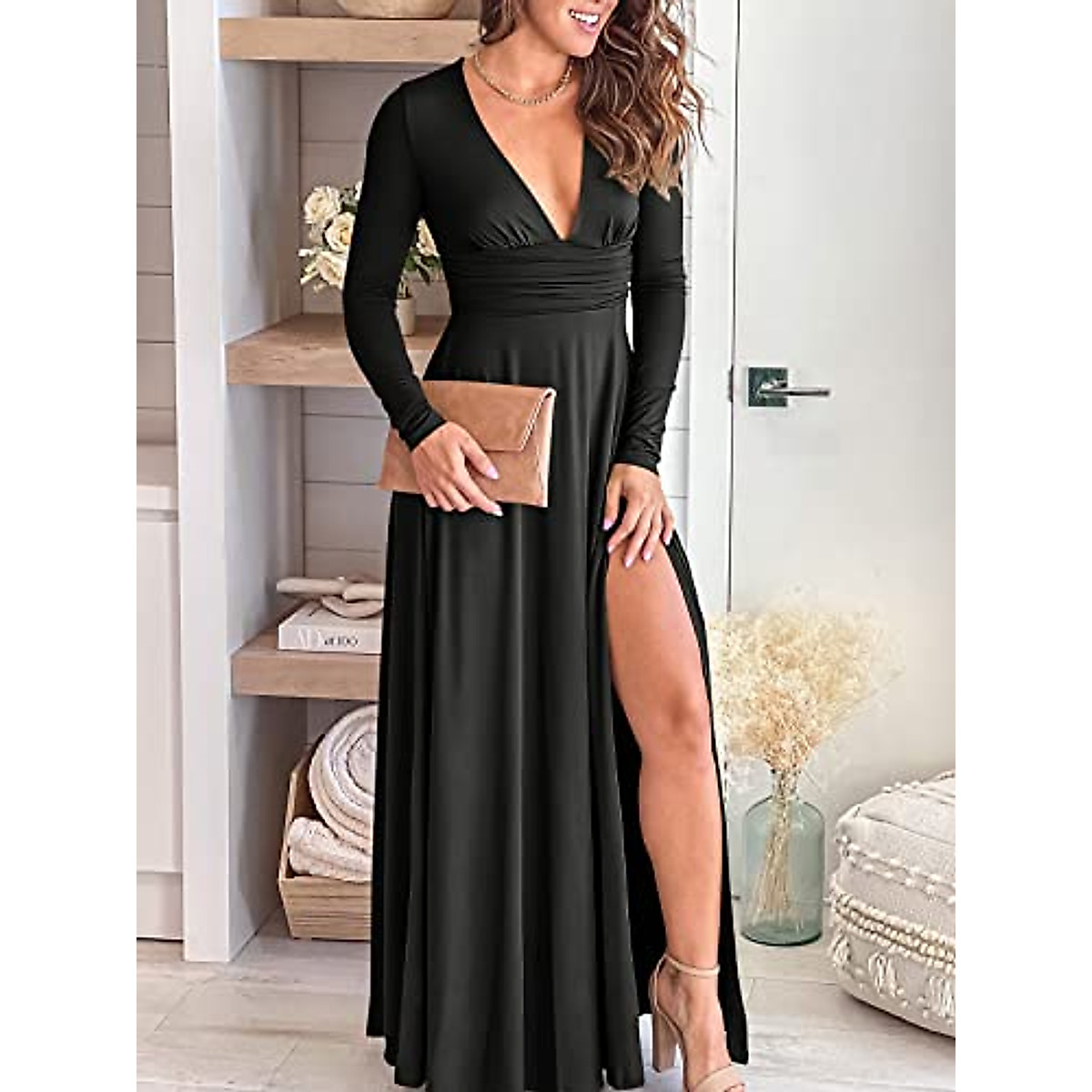 ANRABESS Women's Long Sleeve Sexy Deep V Neck High Waist Slit Cocktail Party Evening Maxi Dress Semi Formal Wedding Guest Prom Dresses 2023 Elegant Graduation Dress 586-hei-XL