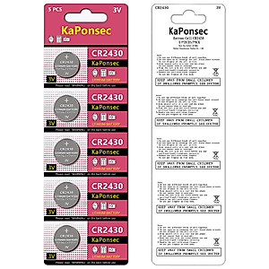 KaPonsec 5 Pack CR2430 ECR2430 Lithium 3-Volt Coin Cell Batteries