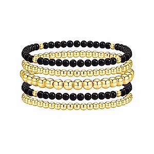 Gold Beaded Bracelets for Women Stackable Gold Bracelets for Women 14K Gold Plated Stretch Bead Ball Bracelet Hypoallergenic Bohemian Bracelets