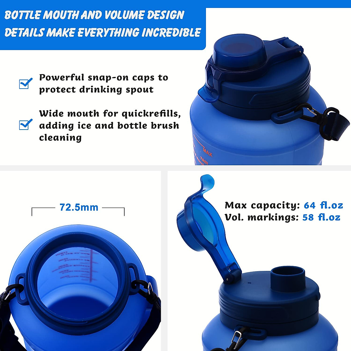64 oz Collapsible Water Bottles with Straw, Half Gallon Water Bottle with Motivational Time Marker, Large Reusable Silicone Water Jug with Handle for Gym Sports Outdoor Travel Blue