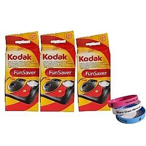 Kodak FunSaver Disposable Camera 800 ISO 35mm with Flash 27 Exposures (Pack of 3) Plus Free Silicon Wrist Bands