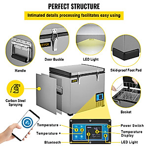 VEVOR Portable Refrigerator 64 Quart, 12 Volt Refrigerator with Compressor and App Control, Metal Shell Chest Refrigerator, -4℉ to 68℉, DC 12/24V, AC 110-240V(Home & Car Use)