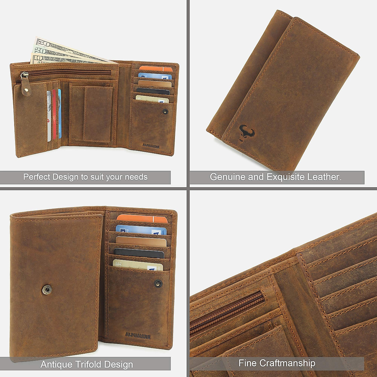 AlphaHide RFID Blocking Ladies Wallet - Credit Card Wallet for Women - Trifold Wallets for Girls - Crazy Horse Genuine Leather - Large Coin Pocket - Two ID Windows - Gift Boxed