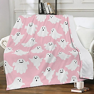 Pink Ghost Blanket for Girls Women Kids Flannel Plush Cute Throw Blanket Soft Cozy Throw Blankets for Couch Bed Sofa Pink Halloween Kawaii Living Room Decor Blankets Gifts for All Season 50x60 Inch