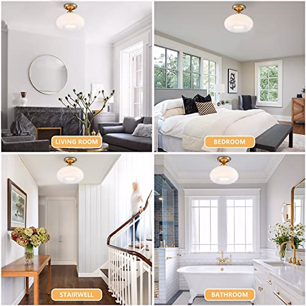 Pia Ricco Mid Century Semi Flush Mount Ceiling Light Gold, Globe Opal Glass Shade Ceiling Light Fixture, Modern Hallway Light Fixtures for Entryway Kitchen Bathroom Laundry Bedroom