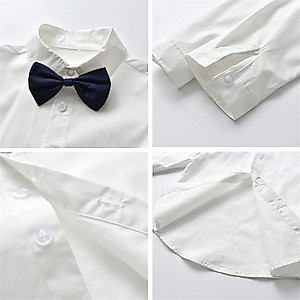 SANGTREE Baby Boys Dress Clothes, Toddlers Boys Long Sleeves Button Down Dress Shirt with Bowtie + Suspender Pants Set Gentlemen Outfit, 1# White, 18-24 Months