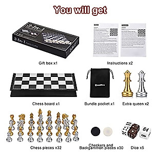 QuadPro 3 in 1 Magnetic Chess Checkers Backgammon Board Game Set with Folding Board Travel Games for Kids and Adults (Chess: Gold & Silver)