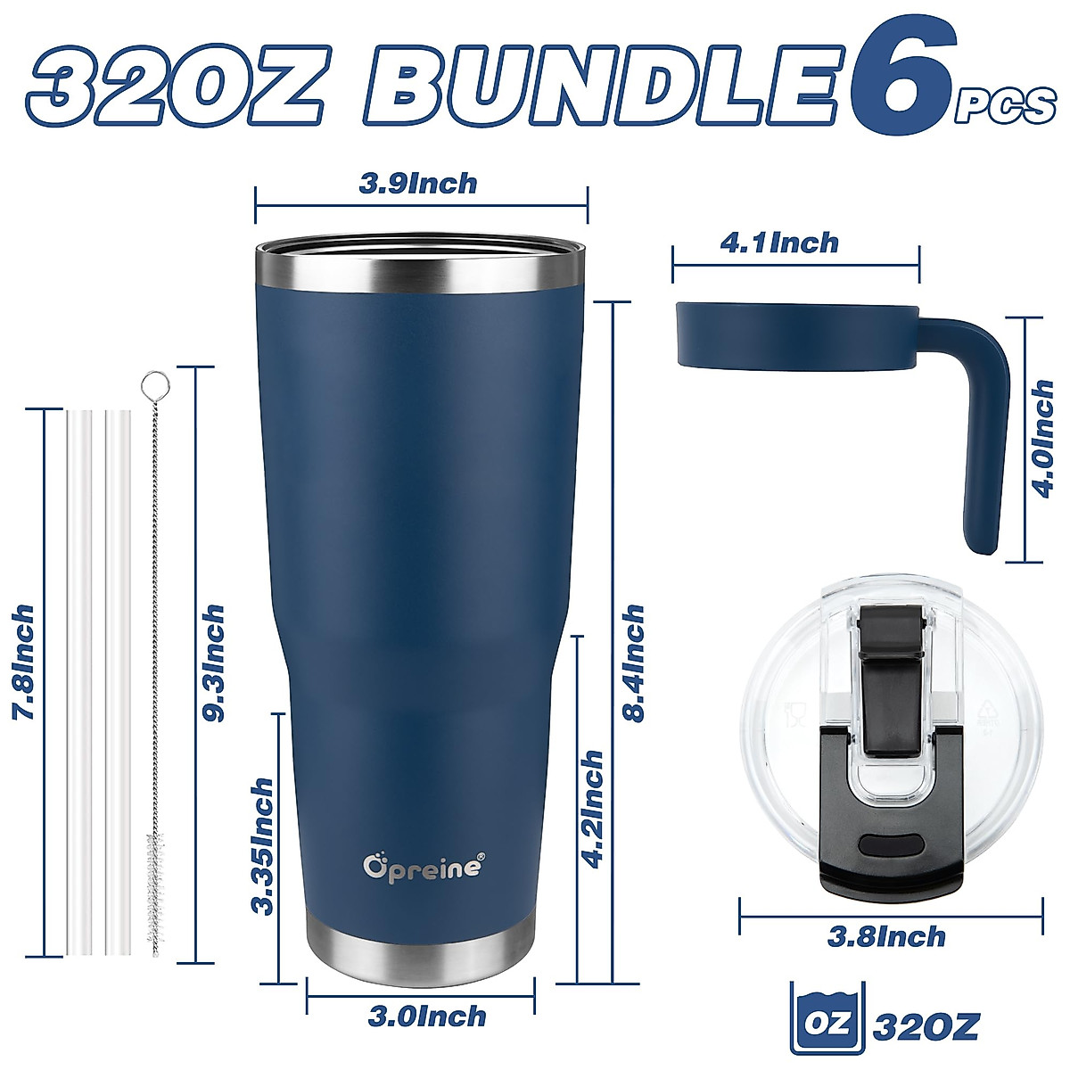 Opreine 32oz Tumbler with Handle, Insulated Tumbler with Straw and Lid, Stainless Steel Double Vacuum Travel Coffee Mug Cup, Fit for Car Holder, Spill Proof, Dishwasher Safe, Sweat Proof, Navy