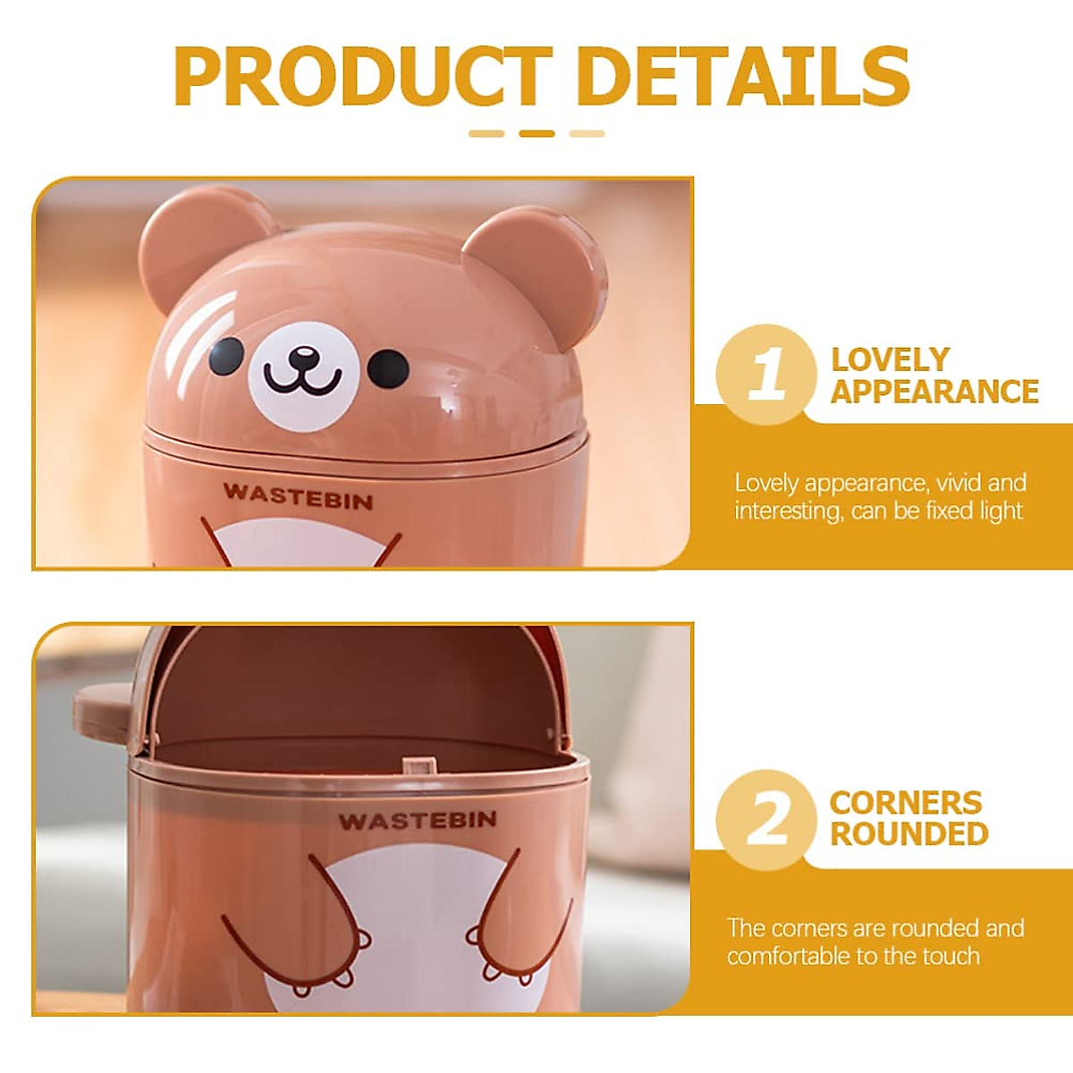 NUOBESTY Mini Desk Trash Can Cute Bear Trash Bin Cartoon Desktop Storage Box Garbage Container with Lid for Bathroom Kitchen(Brown)