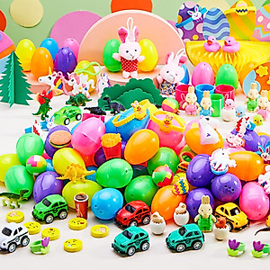 JOYIN 100 Pcs Prefilled Easter Eggs with Toys Plus Stickers, Filled Easter Eggs with Toys Party Favors for Kids Boys Girls Easter Eggs Hunt, Easter Basket Stuffers Fillers,Classroom Prize Supplies
