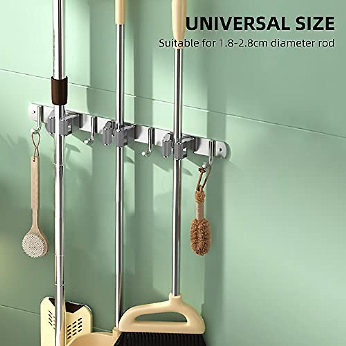 dsfen 2 Pcs Broom Holder Wall Mount Stainless Steel Mop Holder Broom Hanger Heavy Duty Broom Holder for Laundry Room Garden Garage Bathroom (3 Racks 4 Hooks)