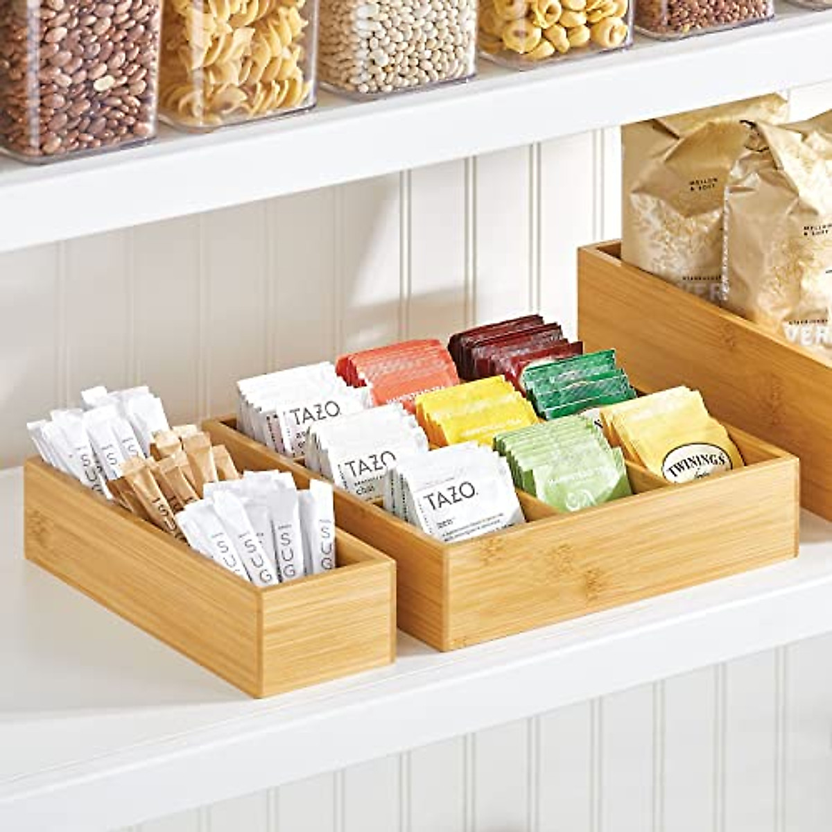 mDesign Bamboo Kitchen Pantry Storage Organizer Box - 9 Divided Sections, Open Top, Decorative Holder for Tea Bags, Snack Packets, Small Items, Accessories, Echo Collection - Natural Wood/Tan