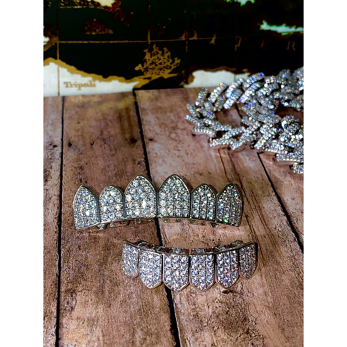 18K White Gold Plated CZ Cluster Custom Slugs Top Bottom Grillz Mouth Teeth Grills Set - Grillz, Teeth Cap, Iced Out Grillz (Silver Top & Bottom Set)