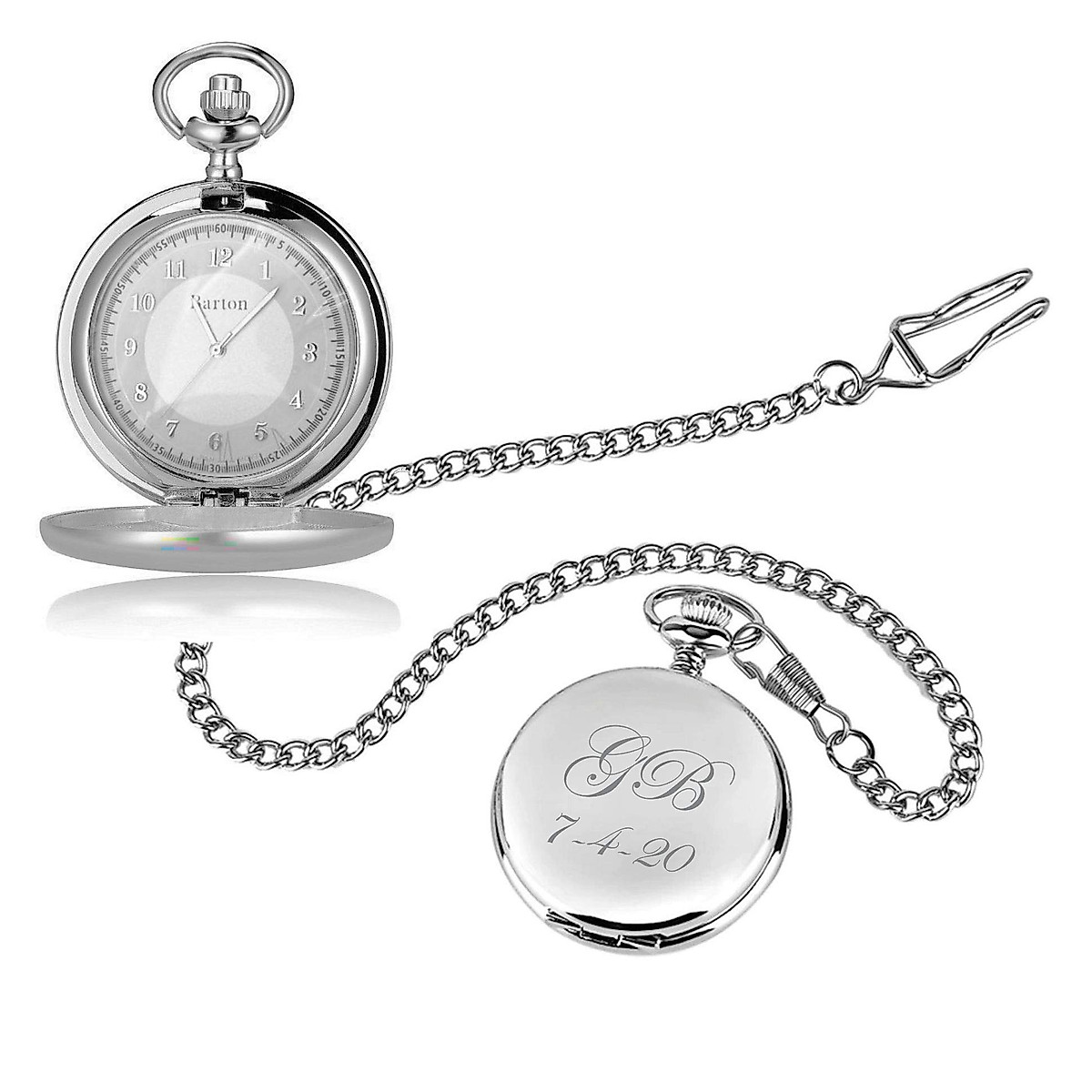 Personalized Stainless Steel Silver Pocket with Glass Cover Watch Custom Engraved Free with Gift Box - Ships from USA