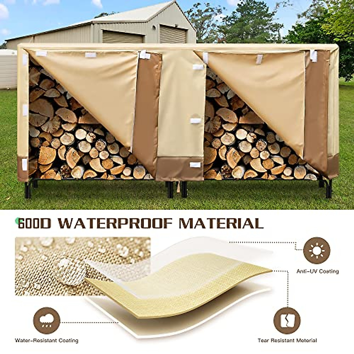 dnswez 8ft Firewood Rack Cover, 600D Oxford Heavy Duty, Weatherproof & Waterproof with Black Storage Bag - Indoor/Outdoor Protection (96" L x 24" W x 42" H)