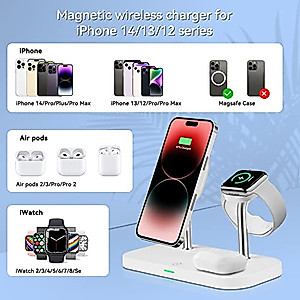 3 in 1 Wireless Charging Station for MagSafe,15W Fast Magnetic Wireless Charger with 20W PD Adapter and LED Night Light Compatible with iPhone 14/13/12 Series,Apple Watch and AirPods(White)