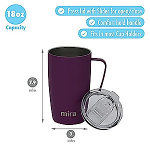 MIRA 18 oz Insulated Coffee Mug - Stainless Steel Travel Cup with Easy-Grip Handle - Car Cup Holder Compatible - Iris