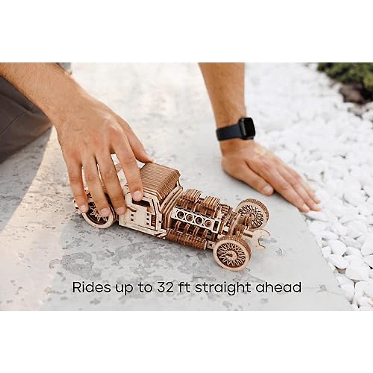 Wood Trick Hot Rod Wooden Model Car Kit to Build - Rides up to 32 feet - Detailed - 3D Wooden Puzzles for Adults and Kids to Build - Engineering DIY Mechanical Wood Model Kits for Adults