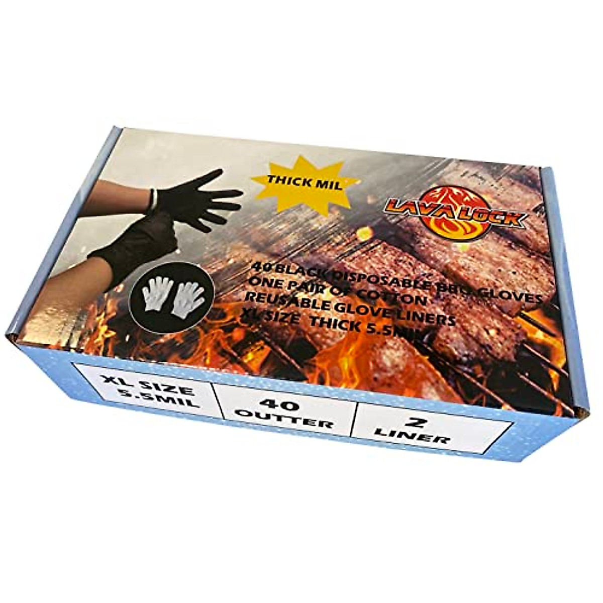 LavaLock Heavy Duty Thick 5.5 Mil Black Disposable Nitrile BBQ Gloves with 2 cotton liners for outdoor cooking grilling smokers and barbecue competition, chef or kitchen use (40, Extra-Large)