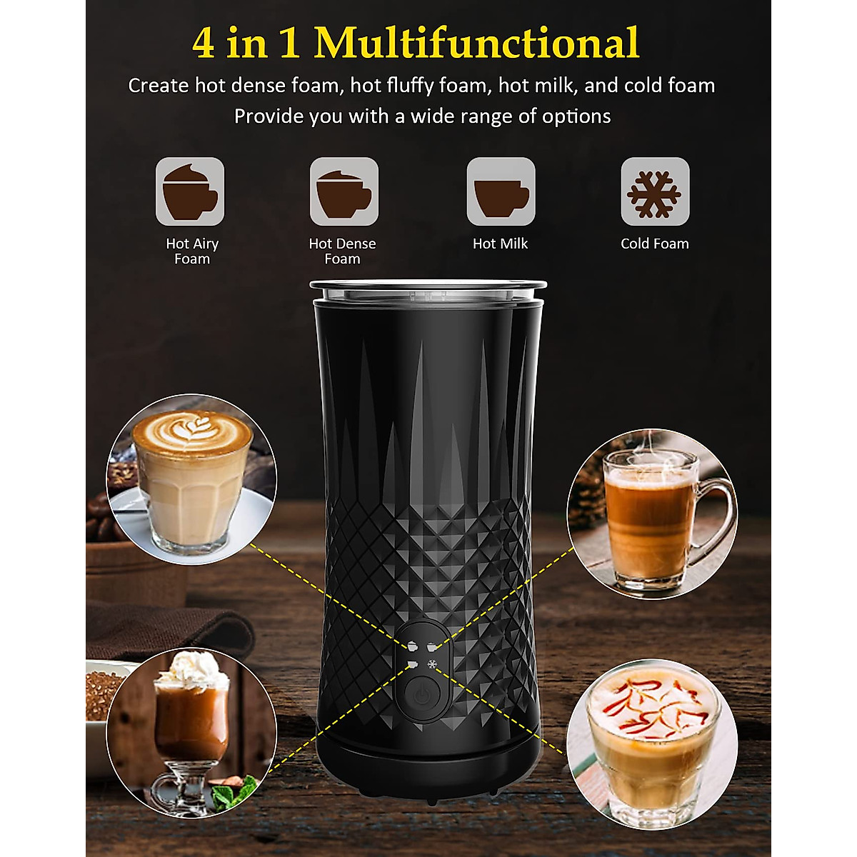 Milk Frother, Ausyle 4-in-1 Electric Milk Frother and Steamer, Non-Slip Stylish Design, Hot & Cold Milk Steamer with Temperature Control, Auto Shut-Off Frother for Coffee, Latte, Cappuccino, Macchiato