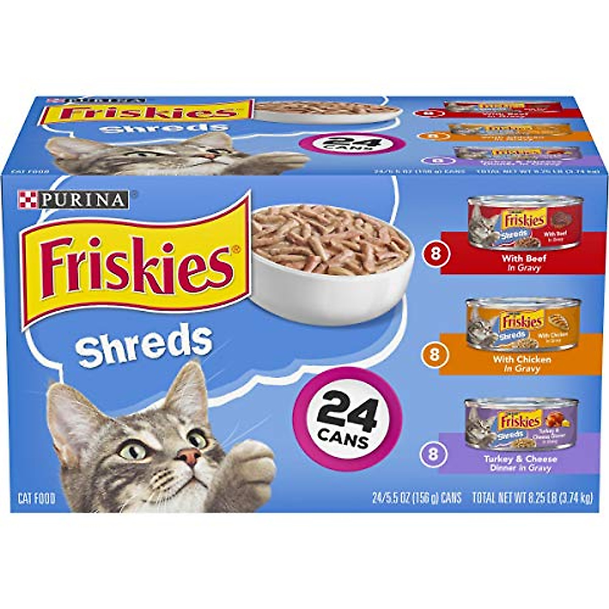 Purina Friskies Gravy Wet Cat Food Variety Pack, Shreds Beef, Chicken And Turkey & Cheese Dinner - (24) 5.5 Oz. Cans
