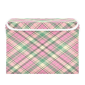 Pink Green Plaid Storage Basket 16.5x12.6x11.8 In Collapsible Fabric Storage Cubes Organizer Large Storage Bin with Lids and Handles for Shelves Bedroom Closet Office