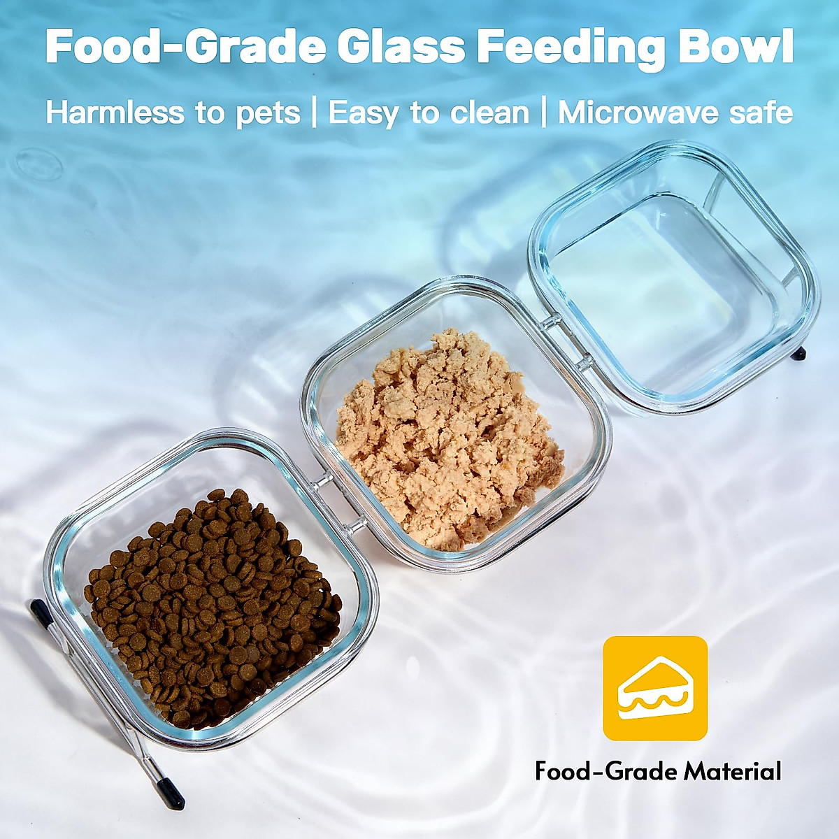 Hannadepot Elevated Cat Bowls, 15° Tilted Glass Raised Cat Food Bowl with Stainless Steel Stand, 3 Glass Cat Bowls and 4 Anti Slip Feet, Suitable for Cats and Little Dogs