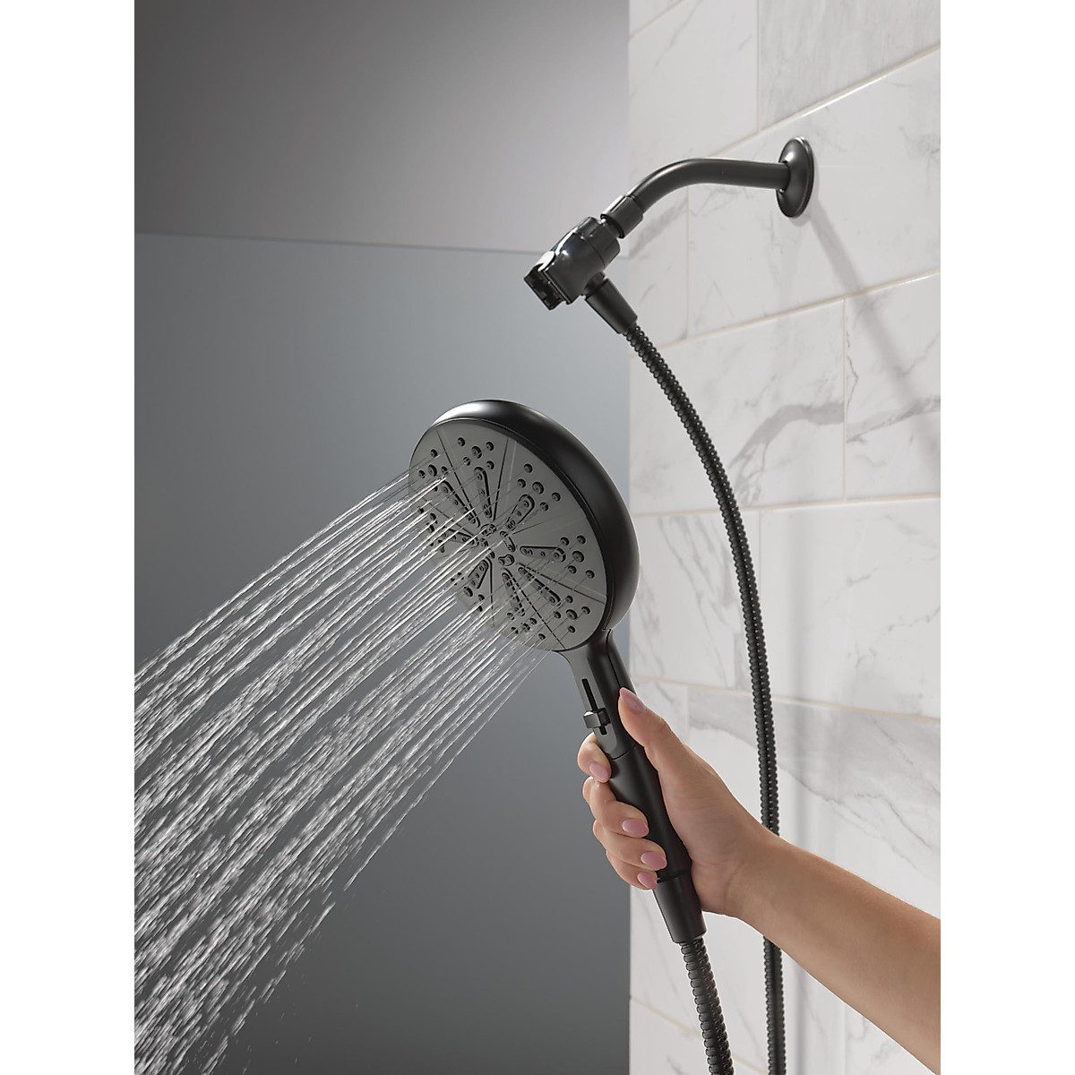 Delta Faucet Nicoli 14 Series Single-Handle Tub and Shower Trim Kit, Black Shower Faucet with 6-Spray Hand Held Shower Head with Hose, Matte Black 144749-BL-HS (Shower Valve Included)