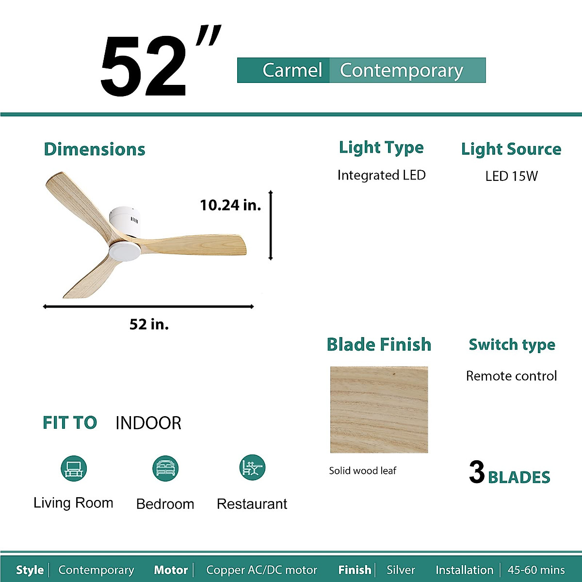 Sofucor 52 Inch Ceiling Fan Without Lights Flush Mount Ceiling Fan with Remote Control, Wood Blades Modern Outdoor Ceiling Fan No Light for Bedroom/Farmhouse/Patio/Indoor