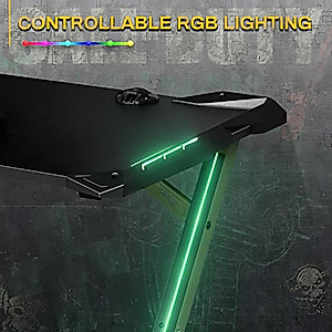 EUREKA ERGONOMIC & Call of Duty UAV Gaming Desk, RGB LED 45 Inch Z Shaped Home Office PC Computer Gamer Table with Fiber Light Dual Headphone Holder Cable Ties for Gamer Gifts, Black & Brass