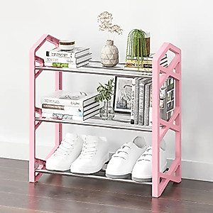 SHELAKET Upgrade 3-Tier Small Shoe Rack, Metal Lightweight 5-7 Pairs Shoe Shelf Storage Organizer for Entryway, Hallway and Closet（Pink）